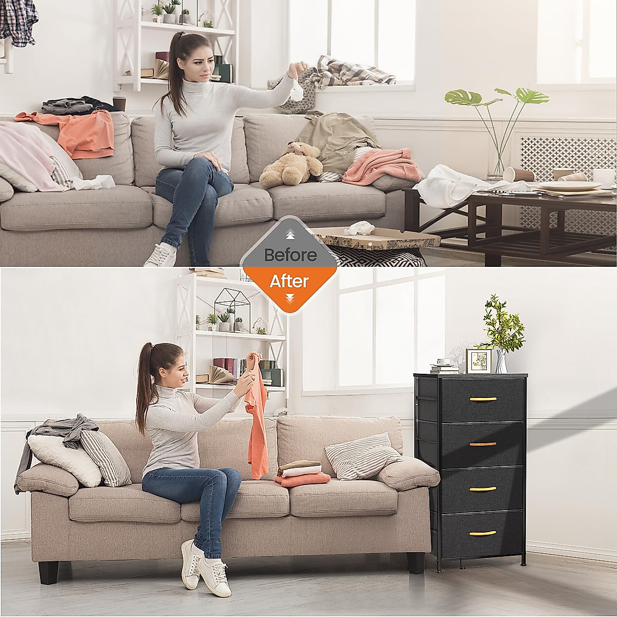 ROMOON Dresser for Bedroom, Storage Tower with 4 Drawers, Fabric Dresser with Easy Pull Handle, Clothes Organizer for Living Room, Hallway, Entryway, Closets (Dark Grey)