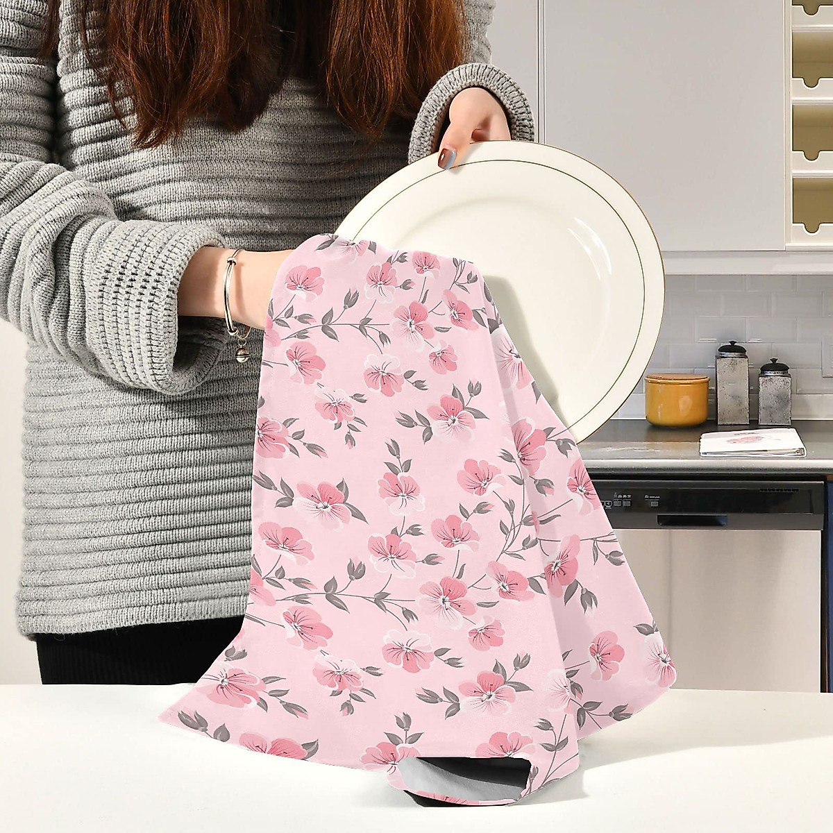MNSRUU Kitchen Towels Dishcloths Sets 4Pcs with Hanging Loop, Floral Cherry Blossoms and Branches Pink Absorbent Kitchen Décor Cleaning Hand Towel Tea Towels for Farmhouse Kitchen Dishes Tea Home