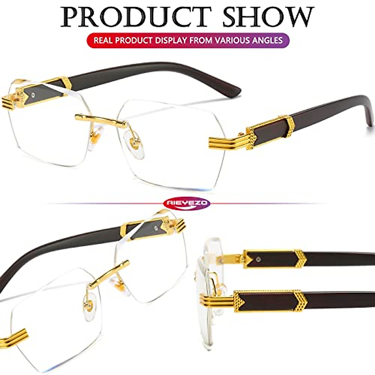 AIEYEZO Retro Rimless Sunglasses Rectangle Women Men Vintage Frameless Sun Glasses Fashion Frameless Square Tinted Glasses (Gold/Transparent)