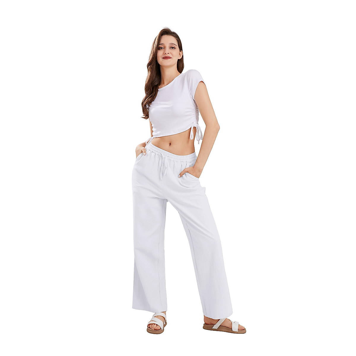 CHARTOU Women's Summer Drawstring Waist Wide Leg Loose Cotton Linen Palazzo Pants (X-Large, White)