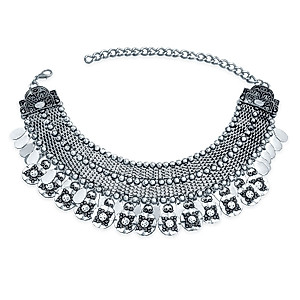 Native American Style Bohemian Boho Dangling Coins Wide Choker Necklace Western Jewelry for Women Teen Oxidized Silver Plated