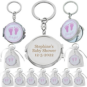 12 PCS Personalized Baby Shower Pink Girl Mirror Keychain Favors with Baby Footprint Design Custom Engraving Gift