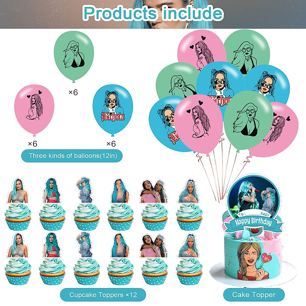 82 Pcs Karol G Theme Birthday Party Decorations,Party Supply Set for Kids with 1 Happy Birthday Banner Garland , 13 Cupcake Toppers,50 Stickers ,18 Balloons for Party Decorations