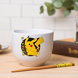 Silver Buffalo Pokemon Pikachu Ceramic Ramen Noodle Rice Bowl with Chopsticks, Microwave Safe, 20 Ounces