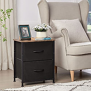Somdot Nightstand with 2 Drawers, Bedside Table Small Dresser with Removable Fabric Bins for Bedroom Nursery Closet Living Room - Sturdy Steel Frame, Wood Top, Pull Handle - Black/Rustic Brown