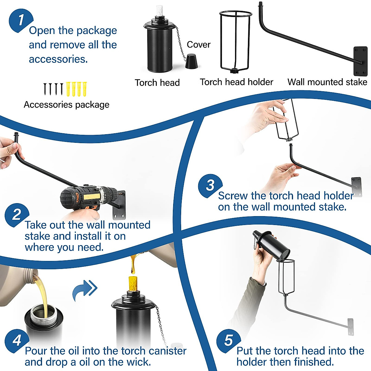 FAN-Torches Wall Mounted Citronella Torches Set of 6, 16 oz Garden Torches for Outside, Refillable Flame Light Torch, Outdoor Metal Torch for Yard, Patio, Deck, Garden, Party, Landscape