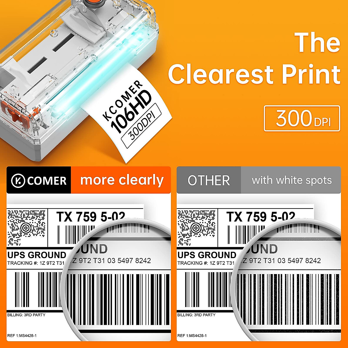 K COMER HD Thermal Shipping Label Printer 300DPI, Direct Thermal 4x6 High-Speed Label Printer, Compatible with Windows and Mac,Supports Multiple Platform Applications