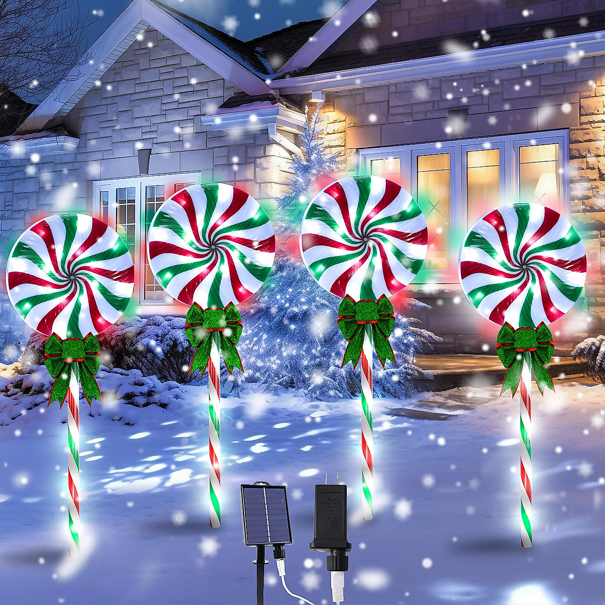 4 Pack 27.5" Lollipop Peppermint Christmas Pathway Lights Outdoor with Bow, Green Red White 80 LED Solar Candy Cane Lights 8 Modes Waterproof, Walkway Markers for Xmas Outsides Garden Yard Decoration