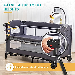 MOOITZ Baby Bassinet Bedside Crib, 6-in-1 Pack and Play with Bassinet, 4 Height Adjustable Bedside Crib, Newborn Portable Bassinet with Wheels, U-Shaped Diaper Table, Music Box & Hanging Toys