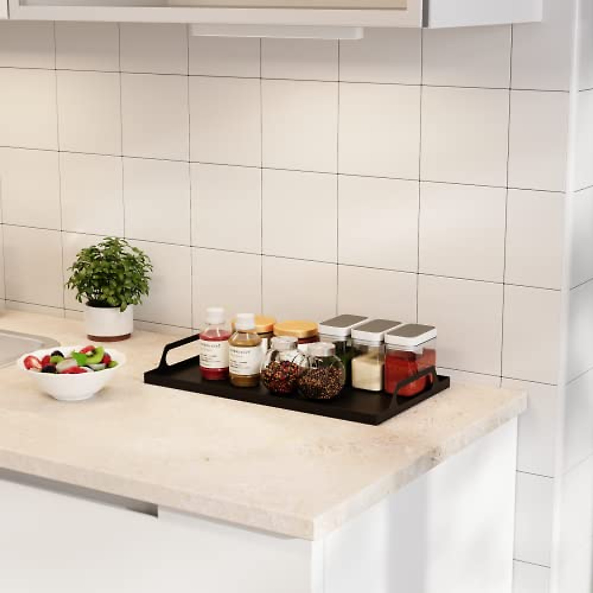 HORIAMIT Coffee Table Tray, Serving Tray Snack Tray Rectangle Black Metal Tray with Handles 16.7x9.5 inches, Vanity Tray Bathroom Organizer Kitchen Tray for Counter