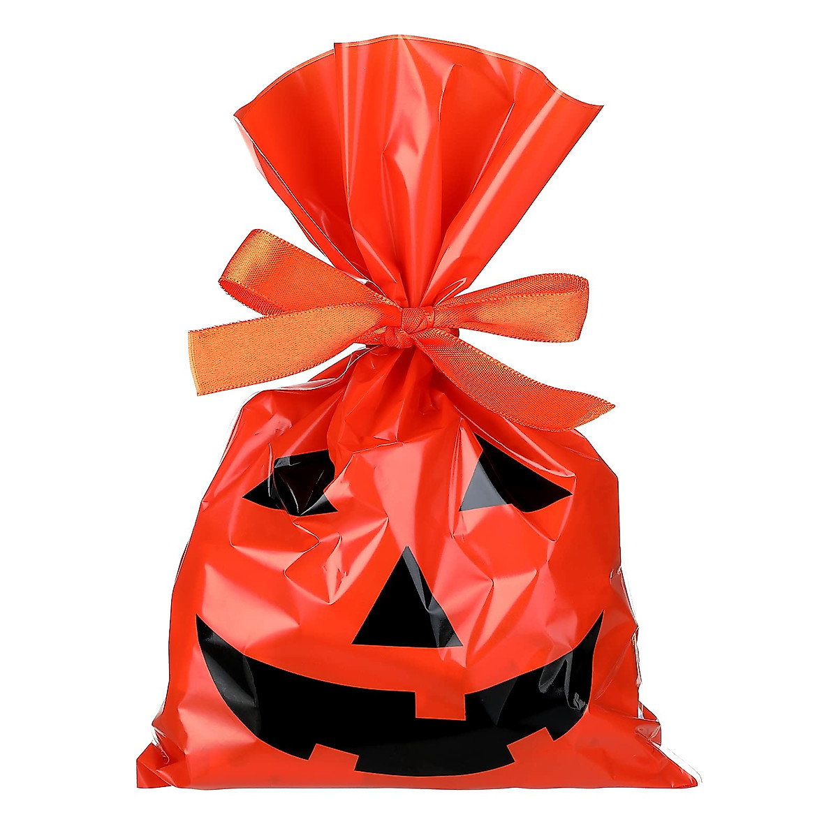 Tenare 100 Pcs Halloween Cellophane Treat Bags Pumpkin Plastic Goodie Bags Candy Gift Loot Bags with 22 Yards Ribbon for Party Favors Sacks, 6 x 9 Inch