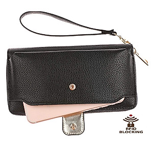Women Wristlet Wallet with Cell Phone Holder Zip Around Handbag Black Large