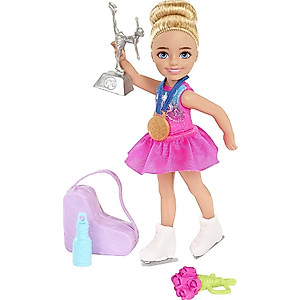 Barbie Chelsea Can Be Doll & Playset, Blonde Ice Skater Small Doll with Removable Outfit & 6 Career Accessories
