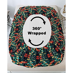 Abstract Colorful Mosaic Tile Art Fitted Bed Sheets Full Size Fit 5-16inch Deep Pockets,Luxury Bottom Sheet Bedding Set with Pillow Case,Seamless Texture Geometric Square Fitted Sheet for Mattress