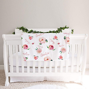 Personalized Fleece Baby Girl Blanket, Coral Pink Floral