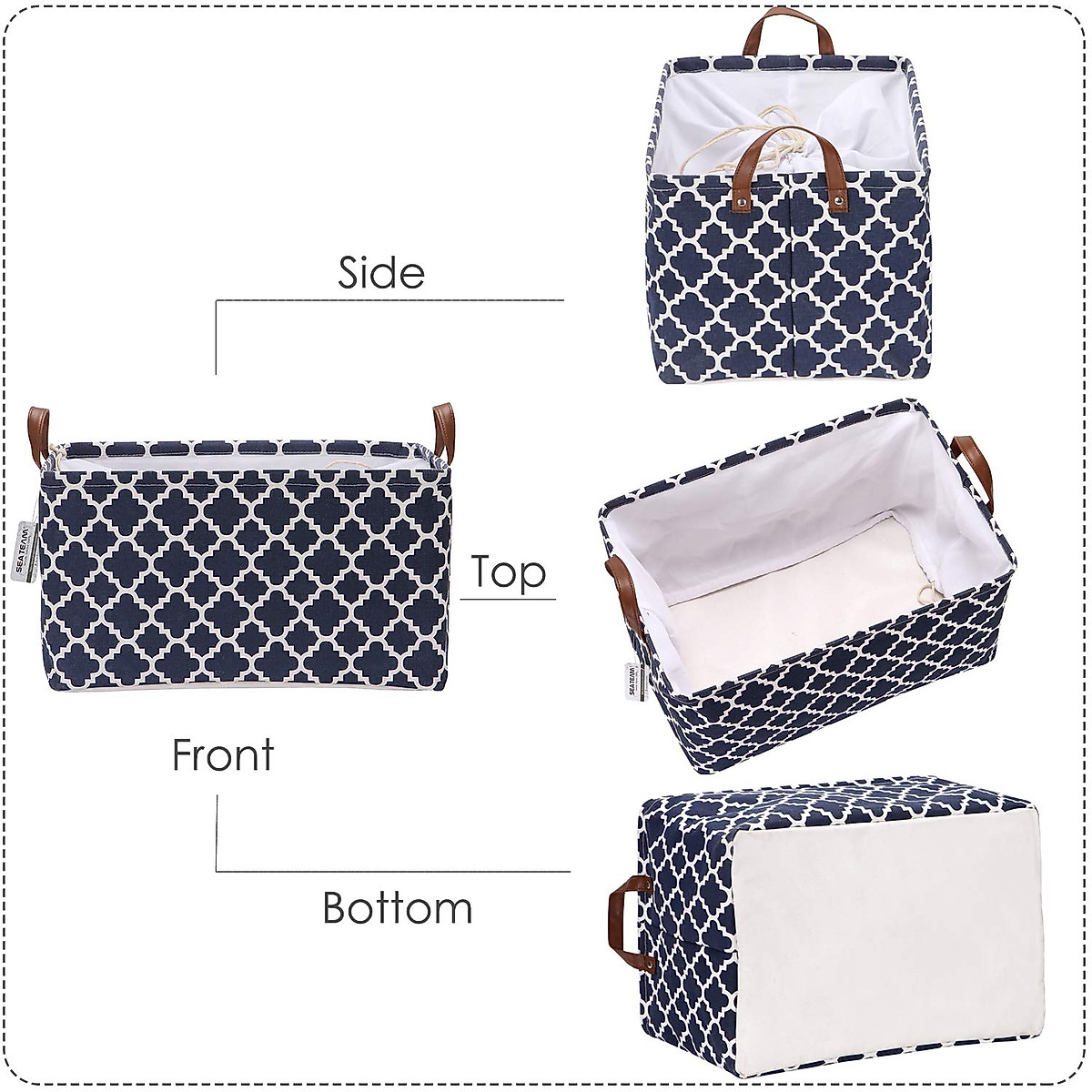 Sea Team Moroccan Lattice Pattern Canvas Fabric Storage Basket Collapsible Geometric Design Storage Bin with Drawstring Cover and PU Leather Handles, 16.5 by 11.8 inches, Waterproof Inner, Dark Blue