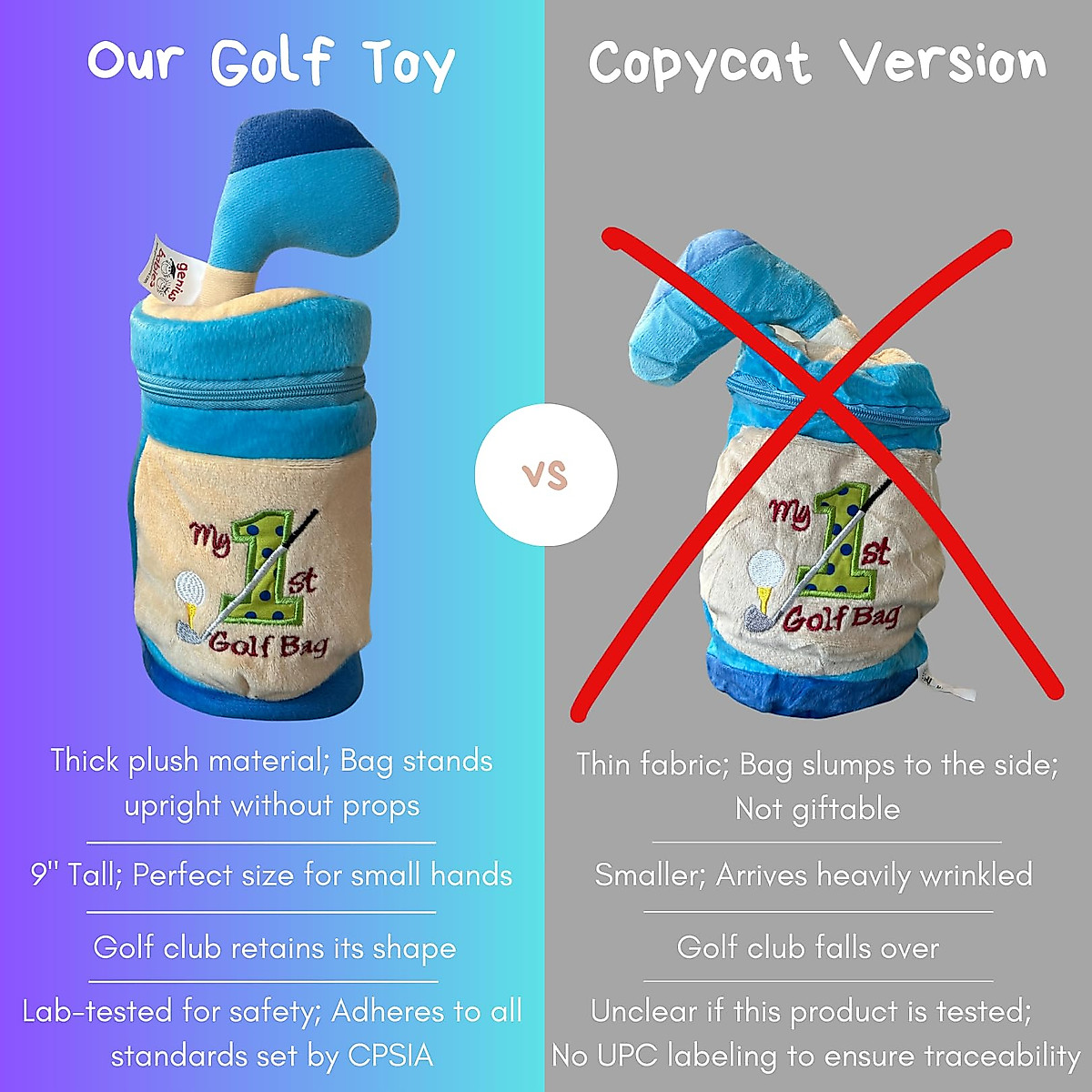 Genius Baby - 9" The Original Baby Golf Bag with Teddy Bear, Blue Bag Embroidered with 'My 1st Golf Bag', Lightweight, Perfect Size Golf Toy for Small Hands, Unique for Golf Baby