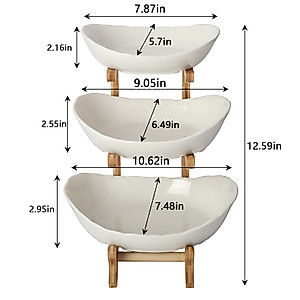 AIWFL 3 Tier Fruit Basket White Fruit Bowl with Bamboo Holder Fruit Ceramic Serving Tray Dessert Serving Stand for Candy Fruits Snacks Nuts Storage Holder