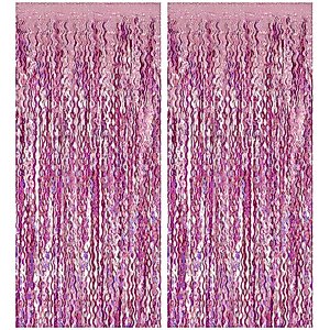 Pink Streamers Fringe Backdrop Tinsel Foil Fringe Curtains Wavy Backdrop for Parties Sparkle Metallic Wavy Foil Fringe Backdrop Curtain Photo Booth Props for Birthday Wedding