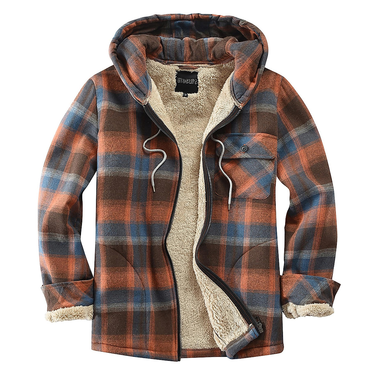 Elesuit Men's Fleece Jackets for Men Sherp Plaid Flannel Sweatshirt for Men Zip Hooides Orange Medium