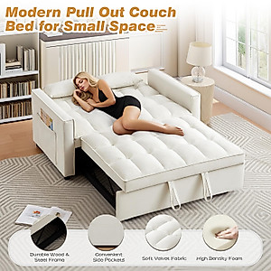 GEEVIVO 55-inch Small Futon Sofa Bed, Modern Tufted Velvet 3 in 1 Convertible Sleeper Sofa with Pull Out Bed, 2 Pillows for Small Space, Living Room, Apartment, Bedroom, Beige