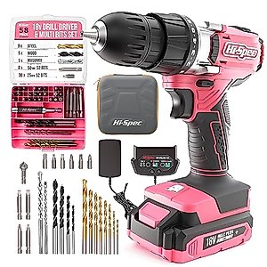 Hi-Spec 58pc Pink 18V Cordless Power Drill Driver, Bit Set & Case. Complete Home & Garage DIY Tool