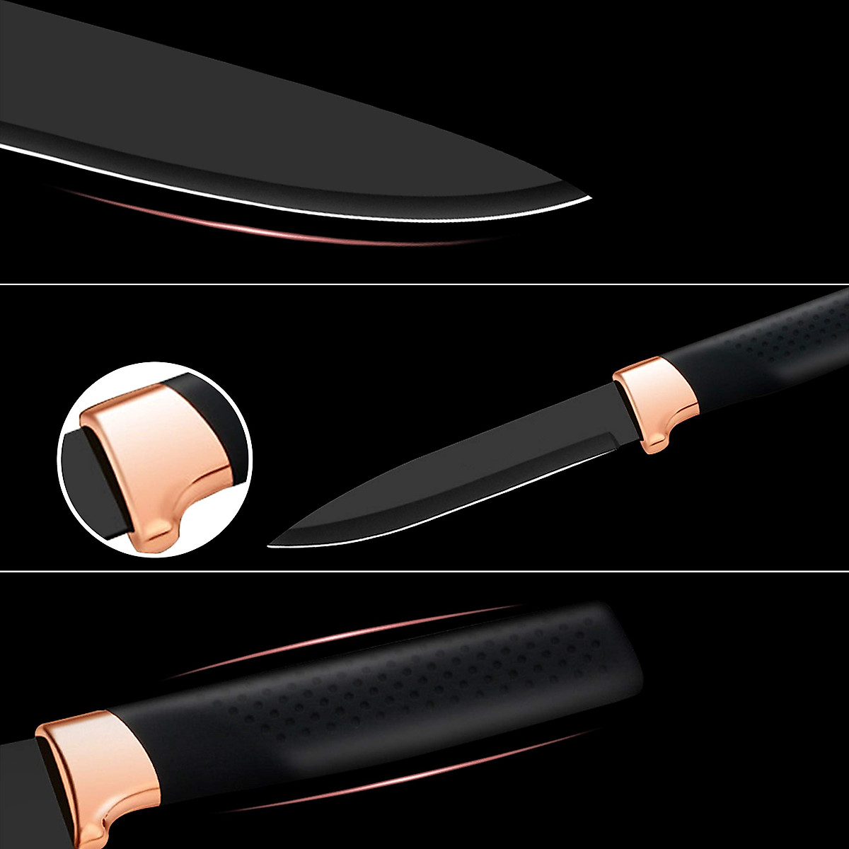 elabo 5 Piece Black Kitchen Knife Set with Stand - Stainless Steel Non-Stick Coating Knives, Rose Gold Handle