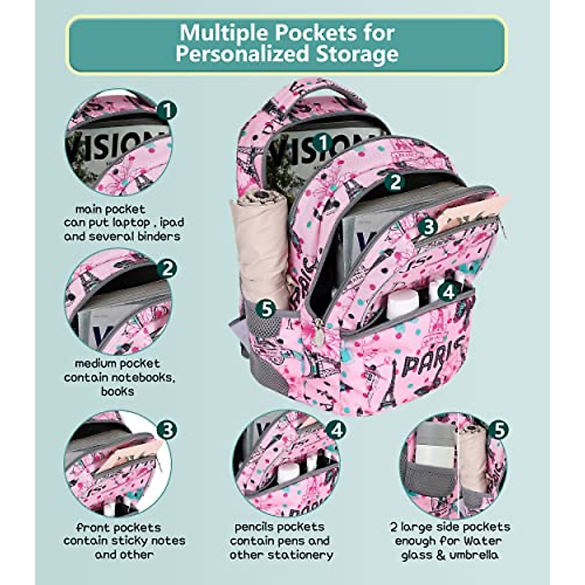 NEW TILAMI Kids Travel School Backpack for Girls,Elementary School Bags for Primary Middle Waterproof Laptop Backpacks for Kids School Bags 16inch 300D High Density Oxford Pink Paris