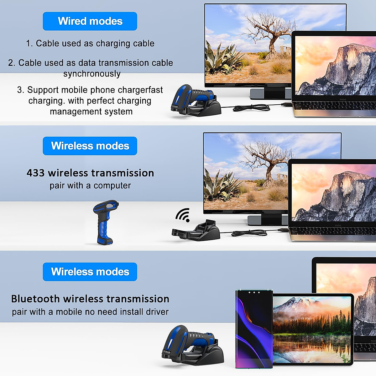 Symcode 2D Bluetooth Barcode Scanner with Wireless Charging Stand, 1968 Feet Transmission Distance 433Mhz Wireless & Bluetooth Barcode Reader, Shock Dust Proof Hands Free Bar Code Scanner Blue