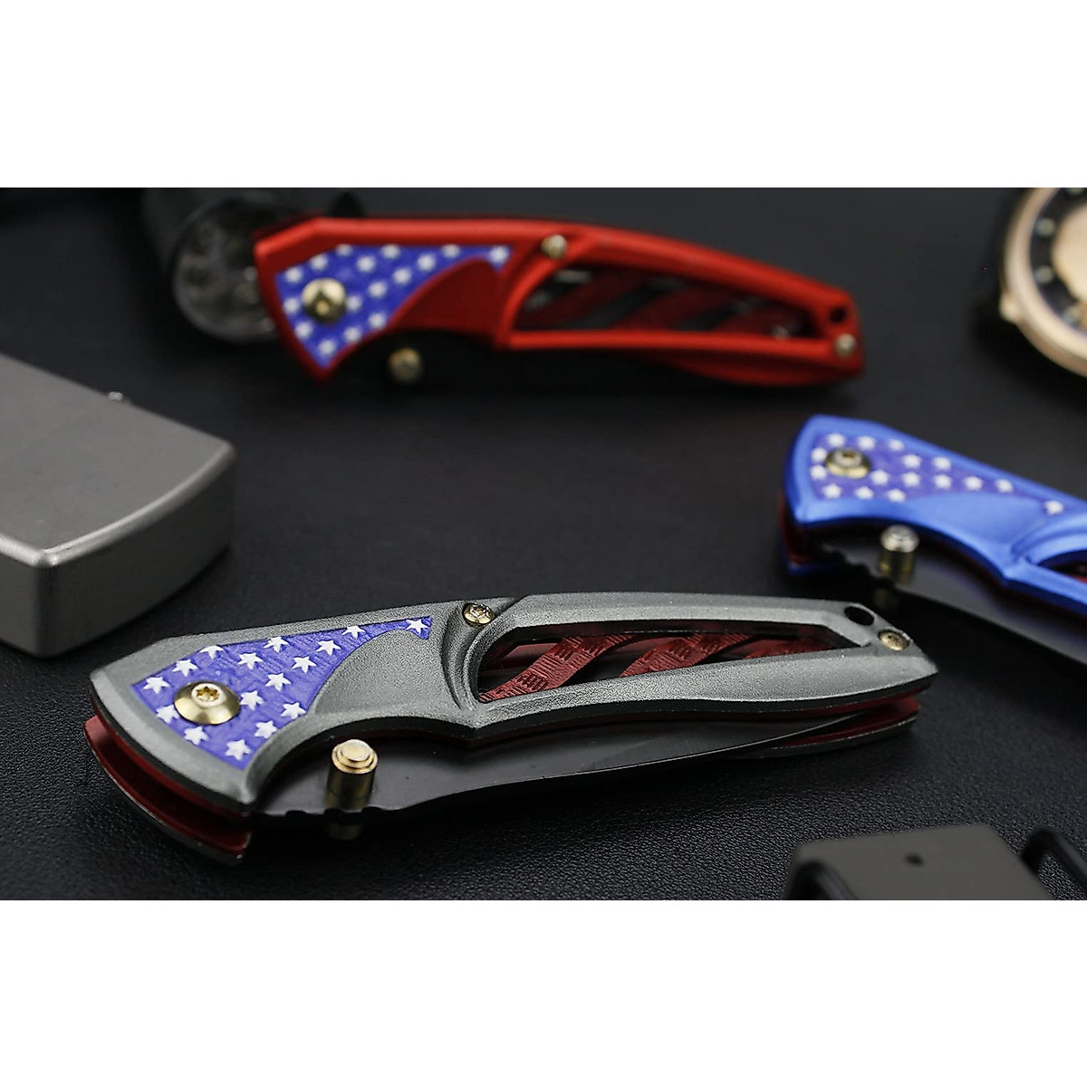 Carimee Pocket Knife 3“, Aluminum Handle, Small Folding Knife with Clip, Gentlemen Knife, Grey Anodized, Black Ti-Coated D2 Blade