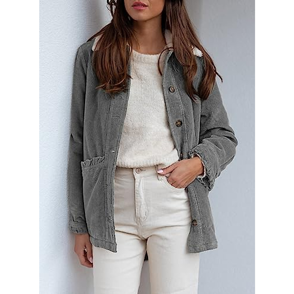 Dokotoo Womens Casual Jackets Winter Warm Thick Sherpa Lined Corduroy Jacket Teddy Bear Button Down Fleece Fluffy Lapel Collar Ruffle Long Sleeve Cute Fall Coat Outwear with Pockets Gray XL