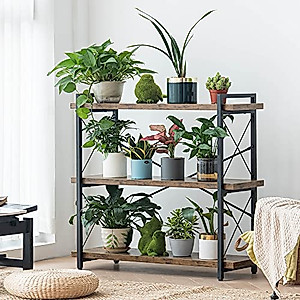 HCHQHS Bookshelf, 3-Tier Industrial Bookcase, Rustic Open Book Shelf, Wood and Metal Horizontal Bookshelves