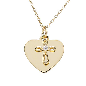 Personalized 14K Gold-Plated Heart with Cross Charm Necklace with Engraving, First Communion Gift for Girls, Custom Engraved Confirmation Gift for Teens, Women (16-18 inch-adjustable)