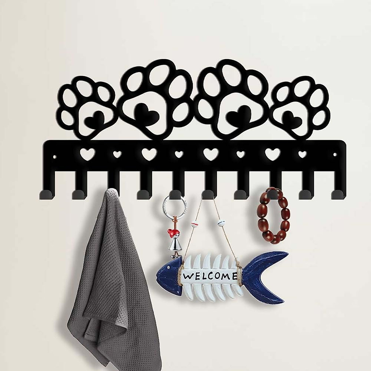 SUPERDANT Dog Paws Metal Key Holder Heart Shape Decorative 10 Hook Key Organizer Home Storage Hooks Wall Mounted Entryway Key Belt Umbrella Hooks Personalized Key Hanger for Wall