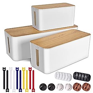 3 Pack Cable Management Box with 18 PCS Cable Management Set - Large & Medium & Small Wooden Grain Cable Organizer Box to Hide Wires & Power Strips | TV Cord Organizer Box | for Home & Office(White)