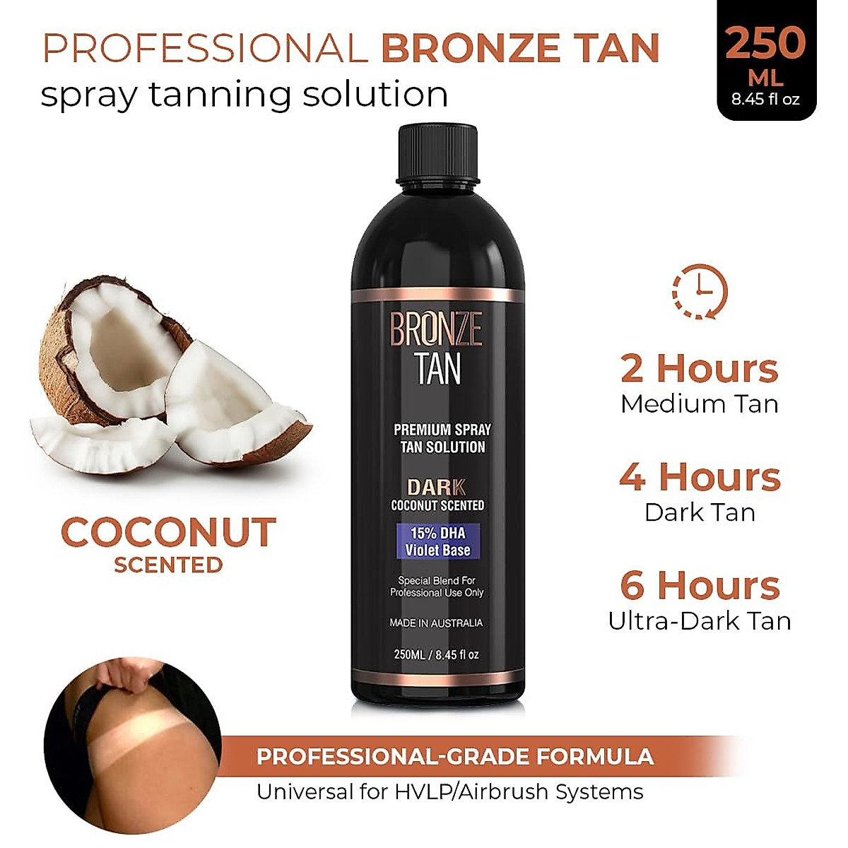 Bronze Tan Spray Tan Solution Professional Tanning Solution for Spray Tan Machine - Coconut Scented Sunless Tanning Solution Dark for Airbrush Tan (250ml / 8.45fl oz)