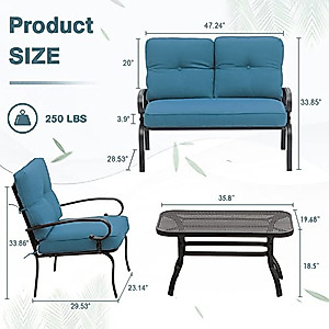 SUNCROWN 4 Pieces Outdoor Metal Furniture Patio Conversation Set Loveseat, 2 Dining Chairs and Coffee Table for Lawn Front Porch Garden, Blue Cushions