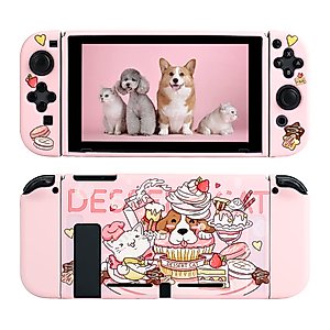 Cute Case for Nintendo Switch, FANPL Soft TPU Protective Cover Compatible with Switch Console and Joy Con Controller, Pink Dockable Shell, Kawaii Switch Skin Accessories - Dessert Cat & Dog Pattern