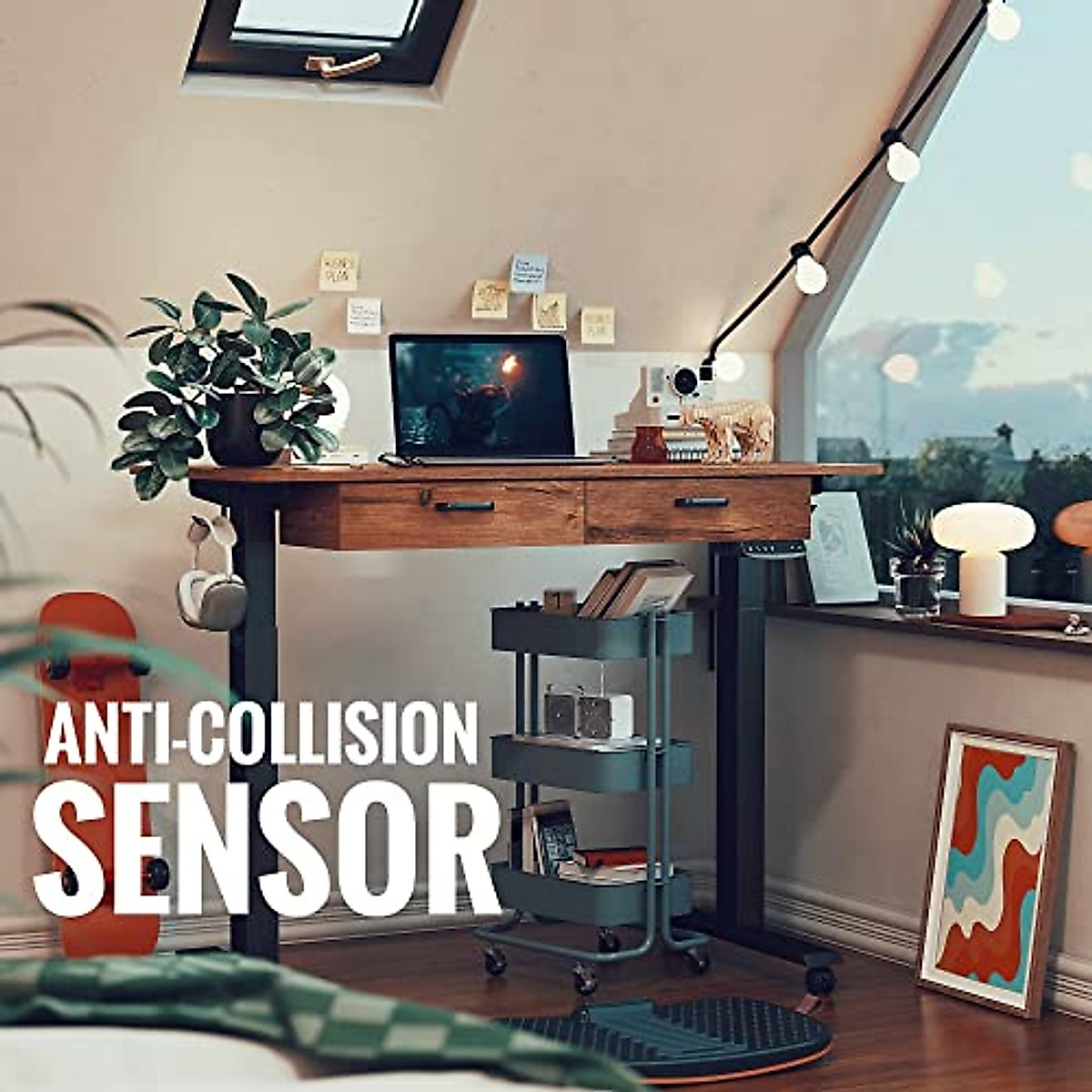 FEZIBO Adjustable Height Electric Standing Desk with Double Drawer, 55x 24 Inches Stand Up Home Office Desk with Splice Tabletop, Black Frame/Fir Brown Top