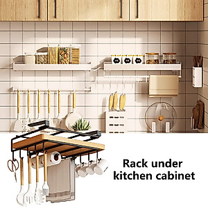 DAMLUX Mug Rack Under Cabinet, Mug Hanging Under Shelf, Stainless Steel Punch Free Mug Hooks Under Cabinet with Place Cutting Boards, Paper Towels, Cups, Towels, Utensil Hanger Kitchen Organizers