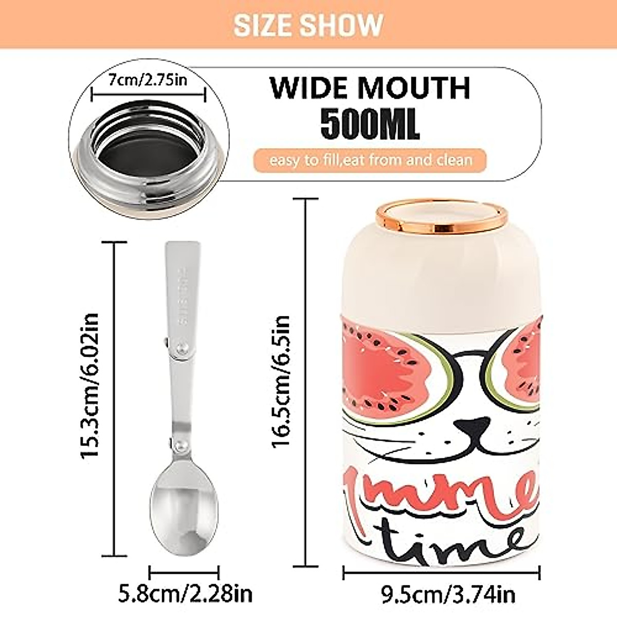 CUPADA Cat Watermelon Food Jar, Funny Summer Time Insulated Hot Food Jars Vacuum 17OZ with Folding Spoon for Work Trip Picnic Camping