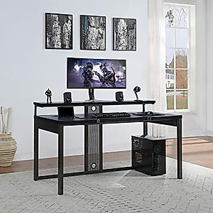 OSP HOME FURNISHINGS Furniture Adaptor 63 Inch Gaming Desk with RGB LED Lights and Smart Power Hub, Matte Black.