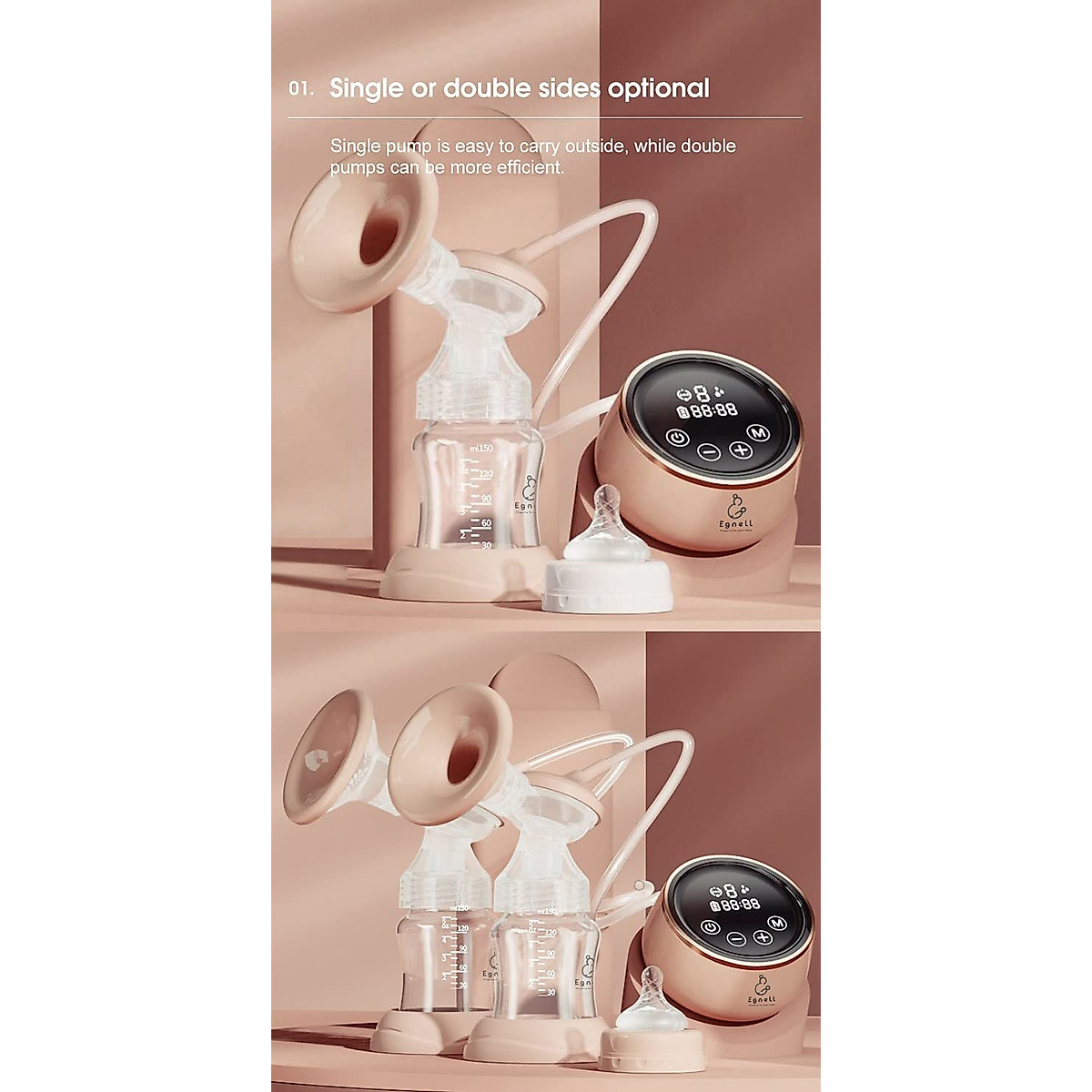 EGNELL Double Electric Breast Pump with Milk Bags - Quiet and Portable with 6 Modes and 9 Levels of Suction - Touch Screen LED Display and USB Charger