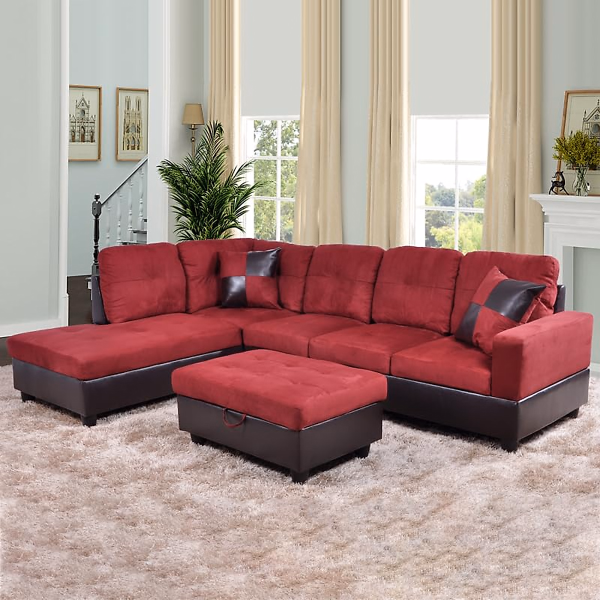 EZLUX Red Flannel and PVC L-Shaped Left Chaise Sectional Sofa Couch Set with Storage Ottoman for Living Room