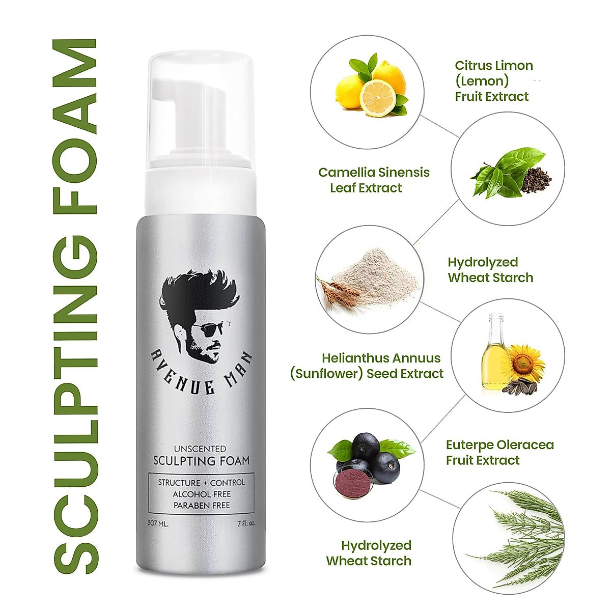 Avenue Man Sculpting Foam for Men (7oz) - Firm Hold Volumizing Hair Mousse with Herbal Extracts Styling Hair Products - Alcohol and Paraben Free - Hair Volumizer