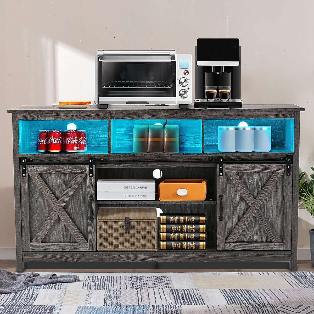 Vinctik 6&Fox 57In Wooden Farmhouse Entertainment Center for 60/65 inch TV,Double Layer Storage Farmhouse TV Stand,Double-Row Sockets with Wood Sliding Barn Door TV Stand(Double Layer White)