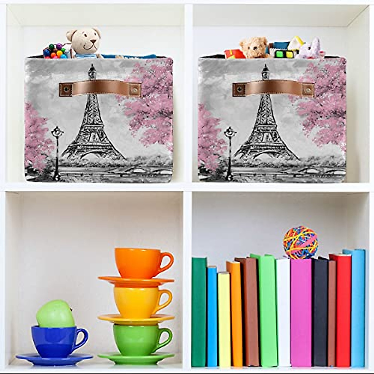 Storage Basket French Paris Eiffel Tower Street Pattern 2 Pc Canvas Large Collapsible Organizer Toy Clothes Storage Bins Boxes Cubes with Handles for Shelf Closet Bedroom Nursery Home Office