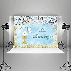 7x5ft Mi Bautizo Backdrop for Boy Baptism Gold Bless Background Blue Flower Golden Dots Photography Baby Shower Banner Party Decorations Floral Newborn Baby Shower Photo Booth Props