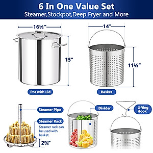 ARC 52QT Stainless Steel Stockpot for Turkey Fryer Seafood Boiler Crawfish Pot with Basket and Steamer Rack, Outdoor Cooking Pot for Crab Lobster Shrimp Boiling, and Tamales Steamer, 13 Gal