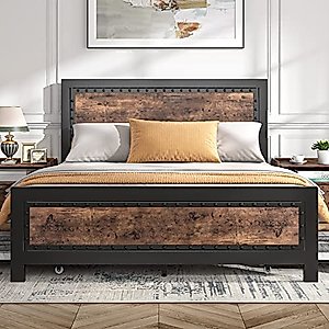 Keyluv King Size Bed Frame with 4 Storage Drawers, Rivet Modern Headboard and Footboard Platform Bed with Solid Wood Slats Support, No Box Spring Needed, Metal Frame Mattress Foundation Noise-Free